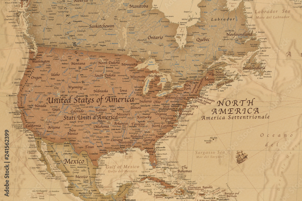 Ancient geographic map of north America with names of the countries ...