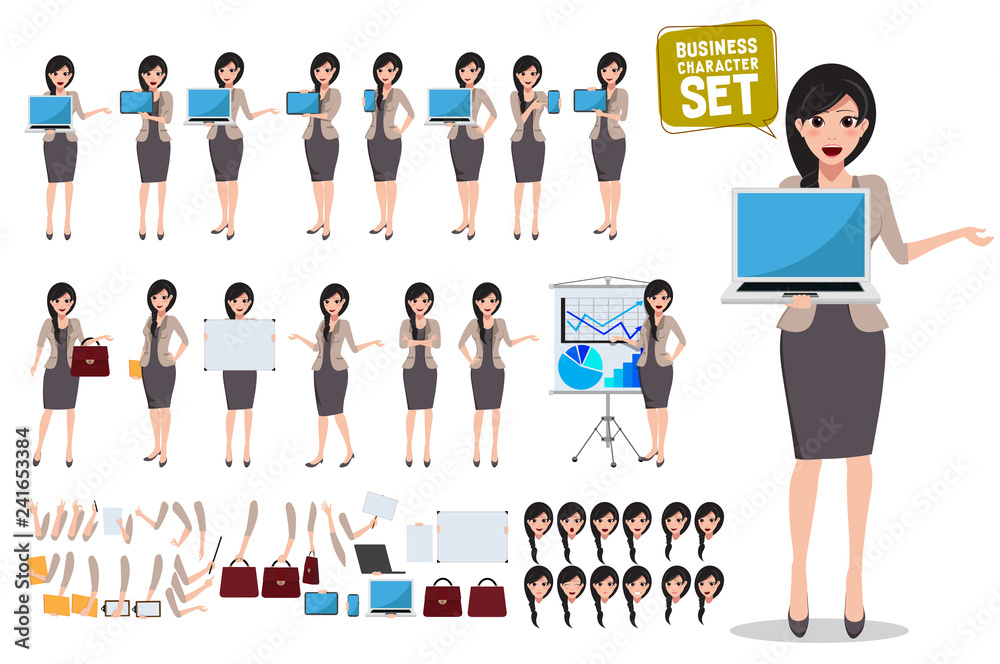 Woman business character vector set. Female office person holding ...