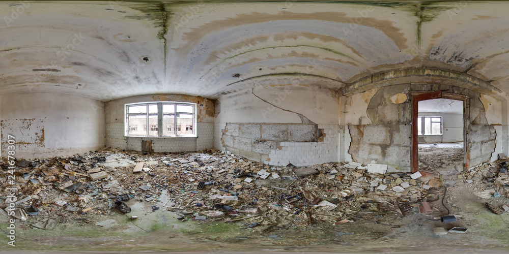 3D spherical panorama with 360 degree viewing angle Abandoned building ...
