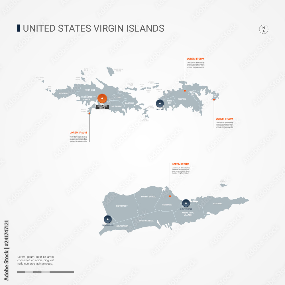 Virgin Islands map with borders, cities, capital and administrative ...