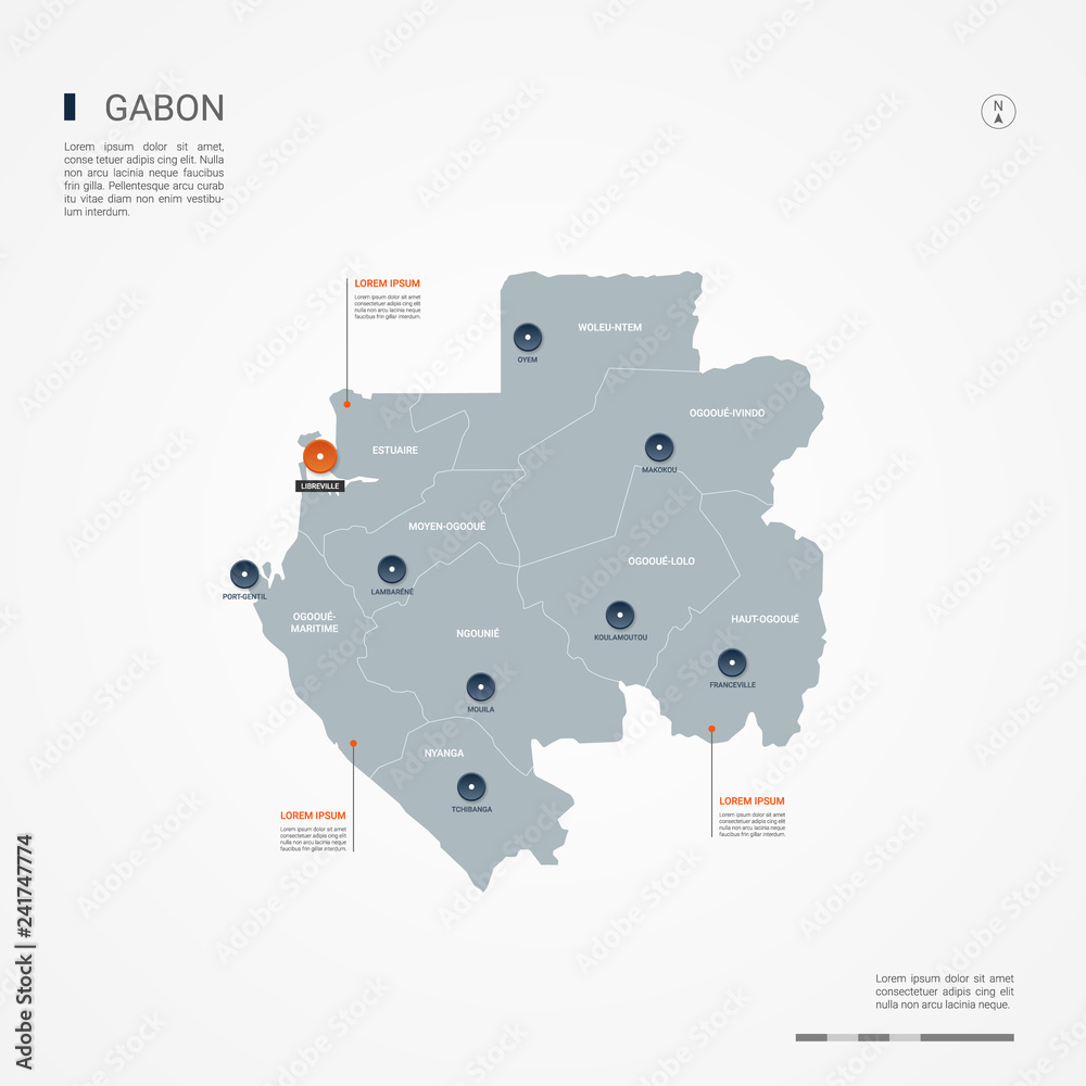 Gabon map with borders, cities, capital and administrative divisions ...