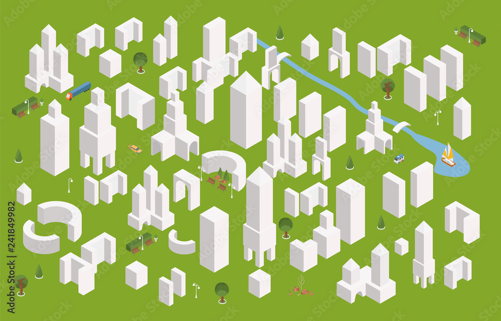 Isometric town constructor set for creating your city map. Simple ...