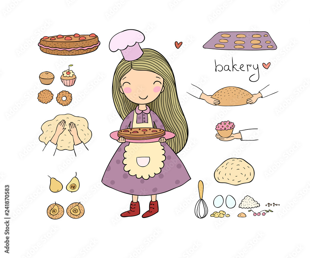 cartoon girl bakes a cake on a white background. cute woman cooks in ...