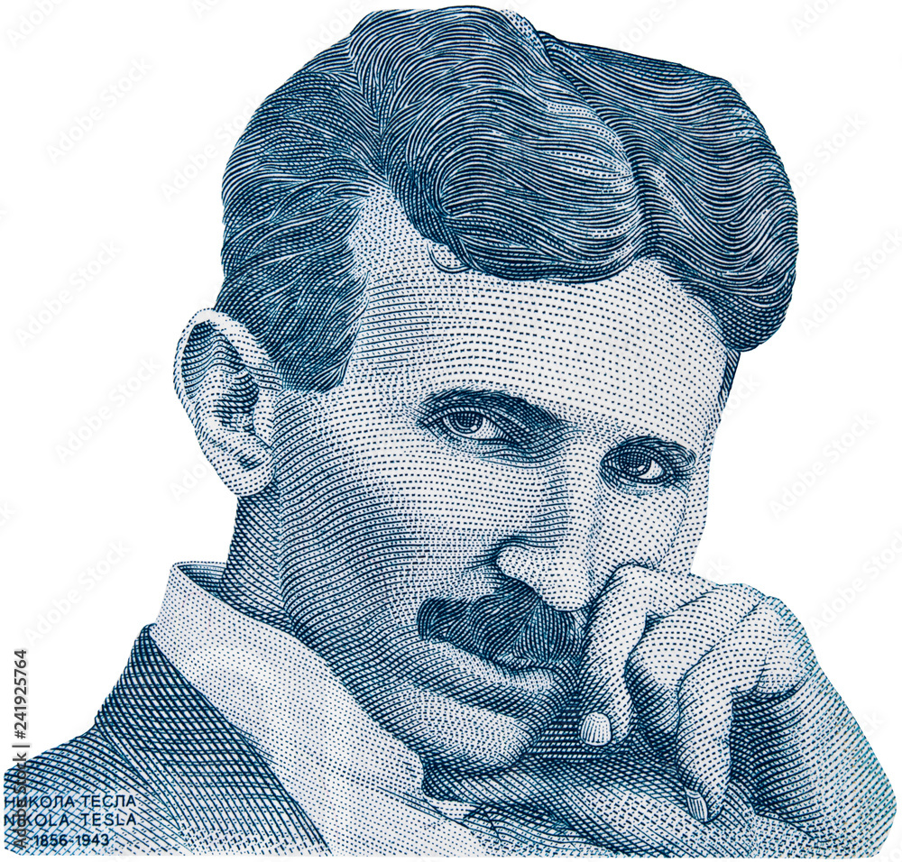 Nikola Tesla portrait on Serbia banknote isolated. Genius scientist and ...