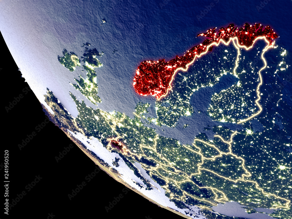 Orbit view of EFTA countries at night with bright city lights. Very ...