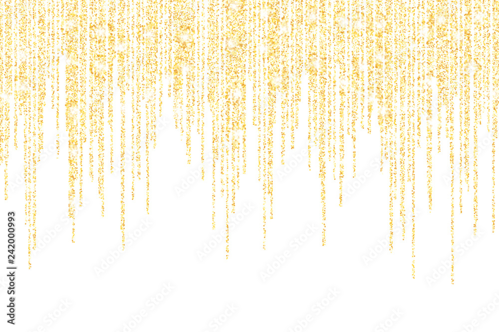 Vector falling in lines gold glitter confetti dots rain. Golden garland lights isolated on white ...