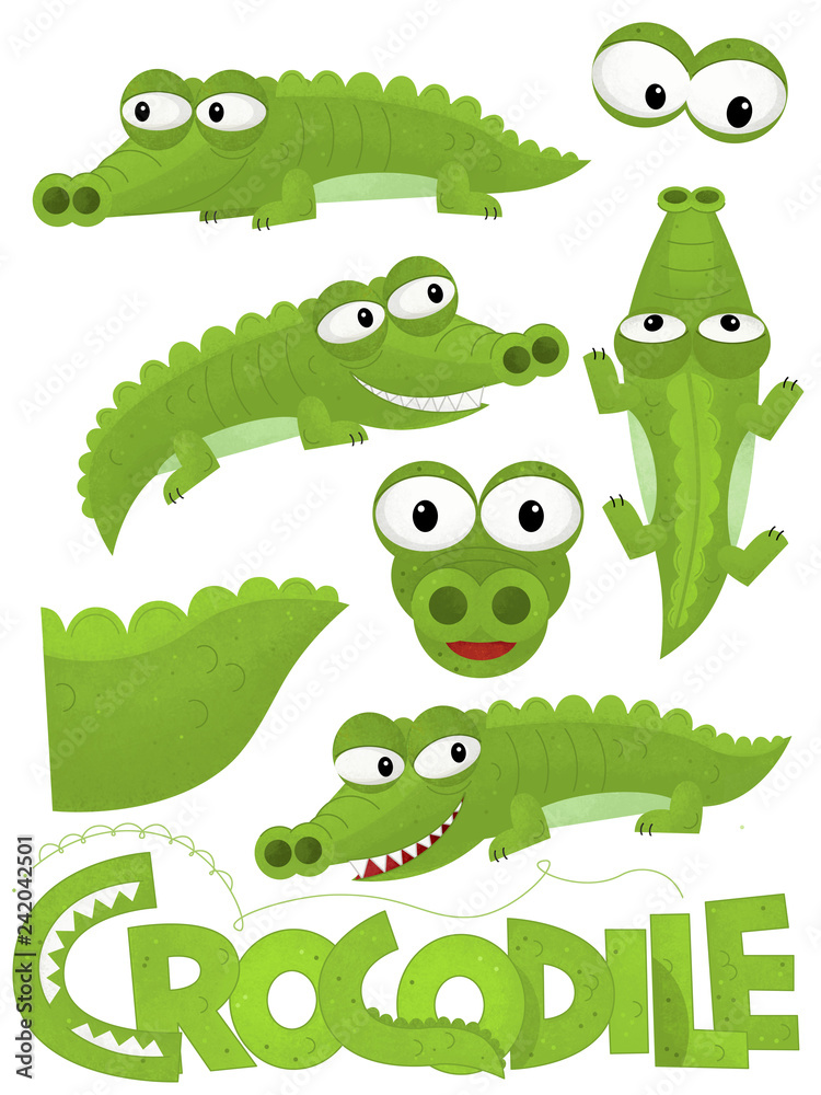 cartoon scene with set of crocodiles on white background with sign name ...