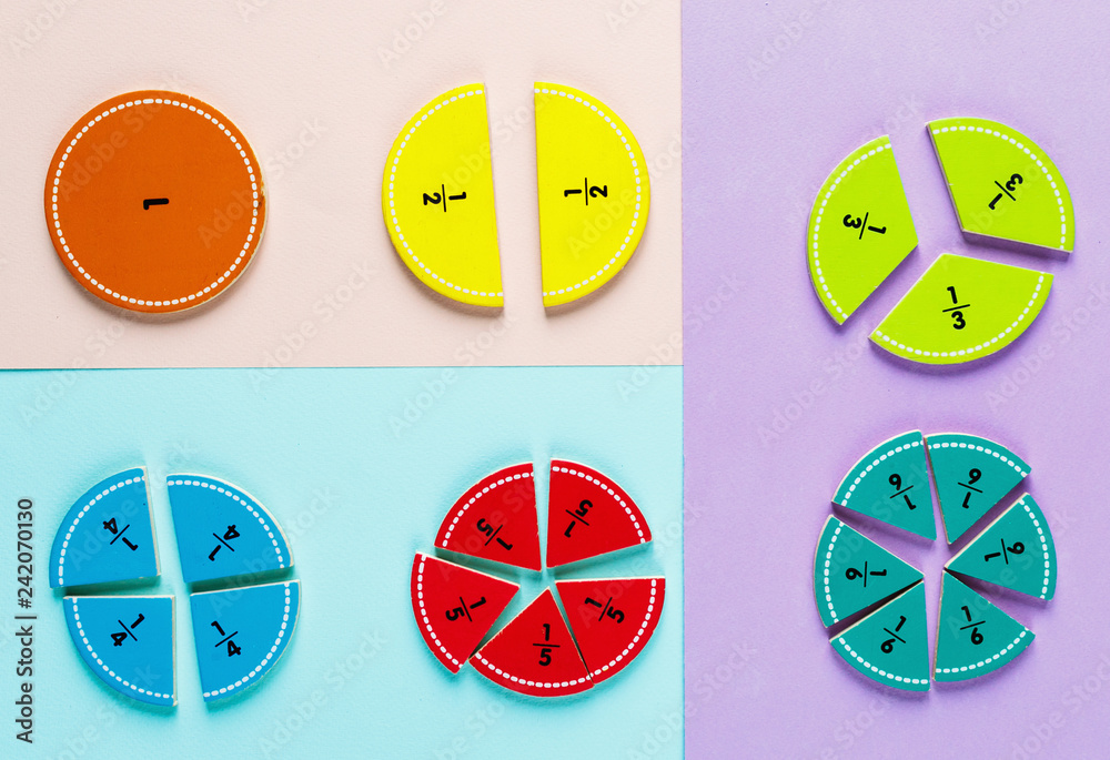 colorful math fractions on the bright backgrounds. interesting math for ...