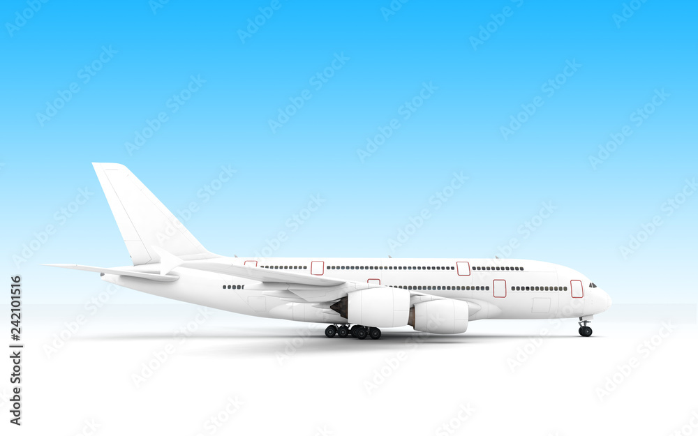 3D illustration of airplane Airbus A380 stands still isolated on blue ...