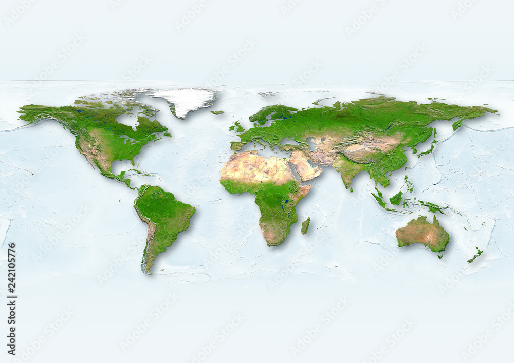 2D illustration of the map of the world in relief depiction with europe ...