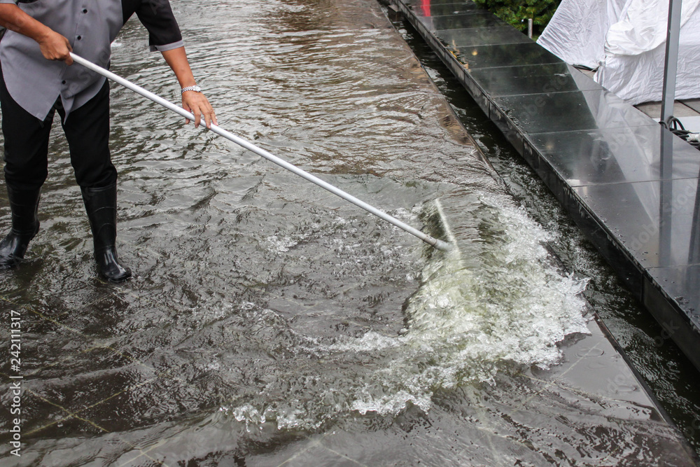 the worker use squeegee to squeeging water floor Stock Photo | Adobe Stock