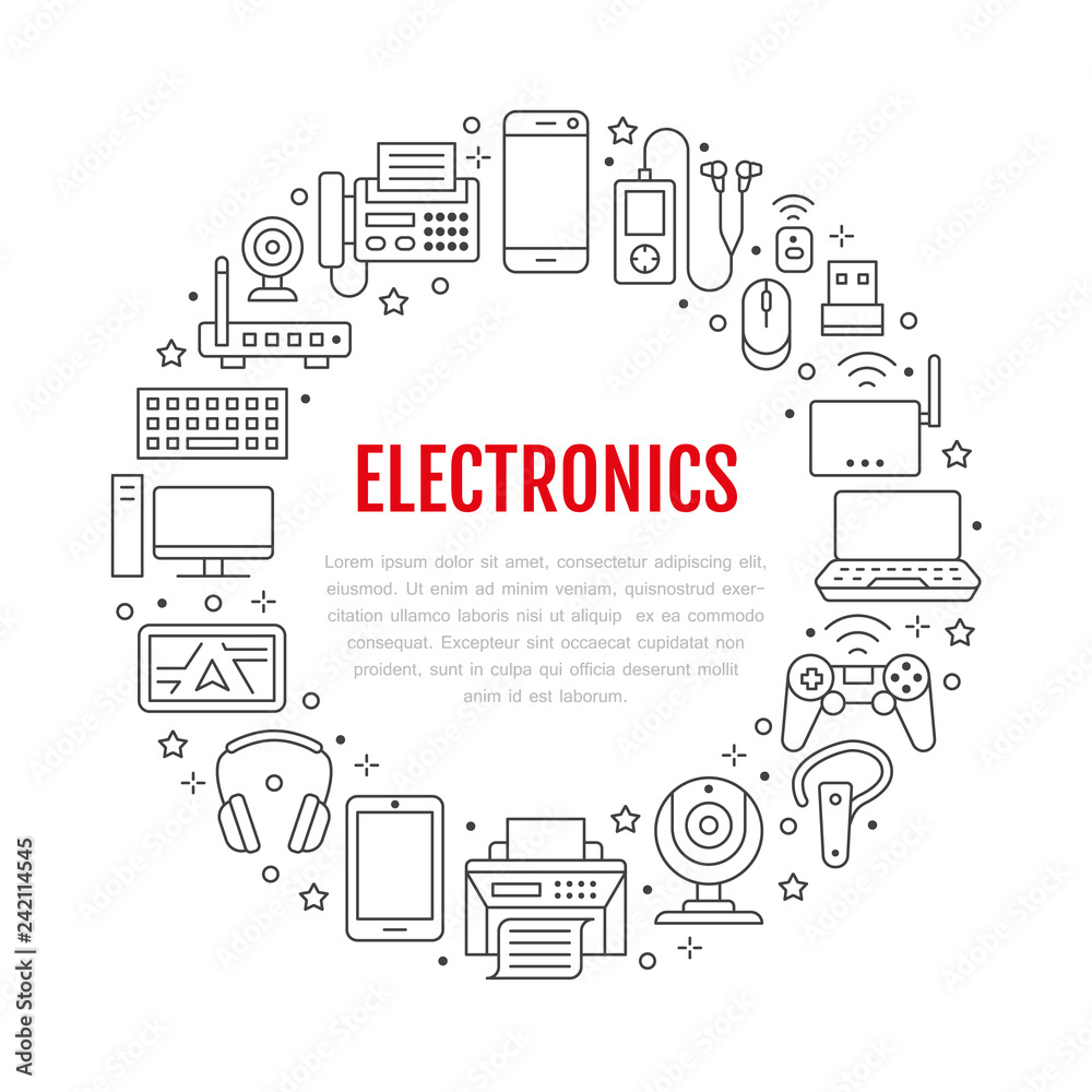 Electronics circle poster with flat line icons. Wifi internet ...