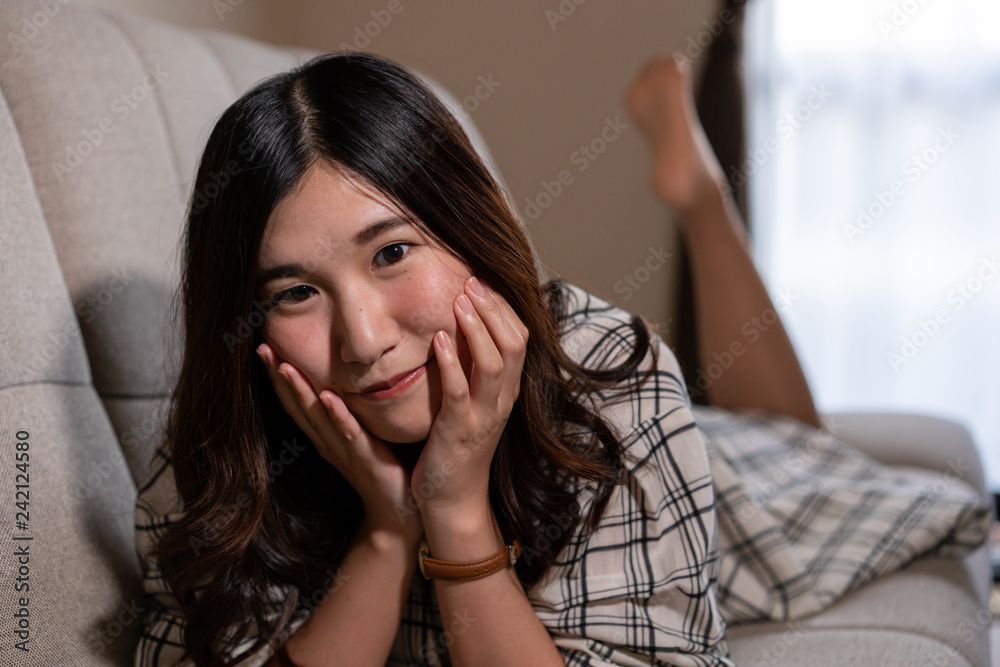 Shy Japanese Girl Relaxing at Home for a Portrait Shoot Stock Photo ...
