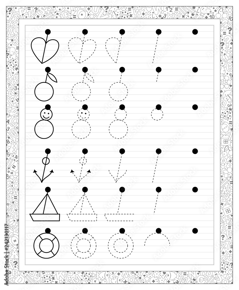 Black and white educational page with tracing exercises in line for ...