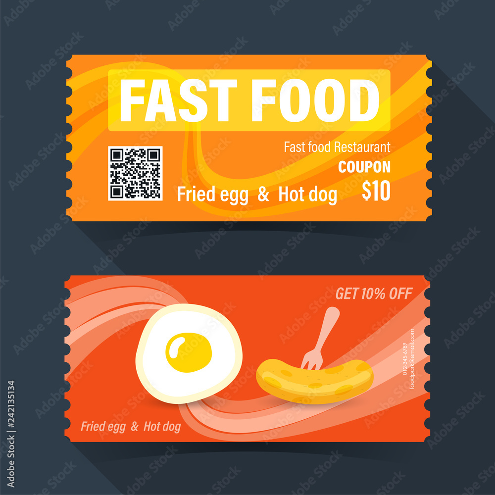 Fast food coupon ticket card. Fried egg and hot dog element template ...