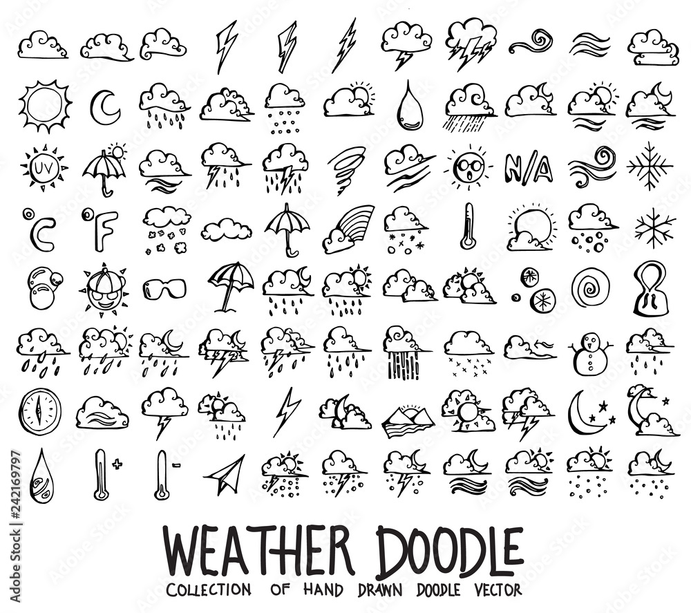 Set of Weather icons Drawing illustration Hand drawn doodle Sketch line ...