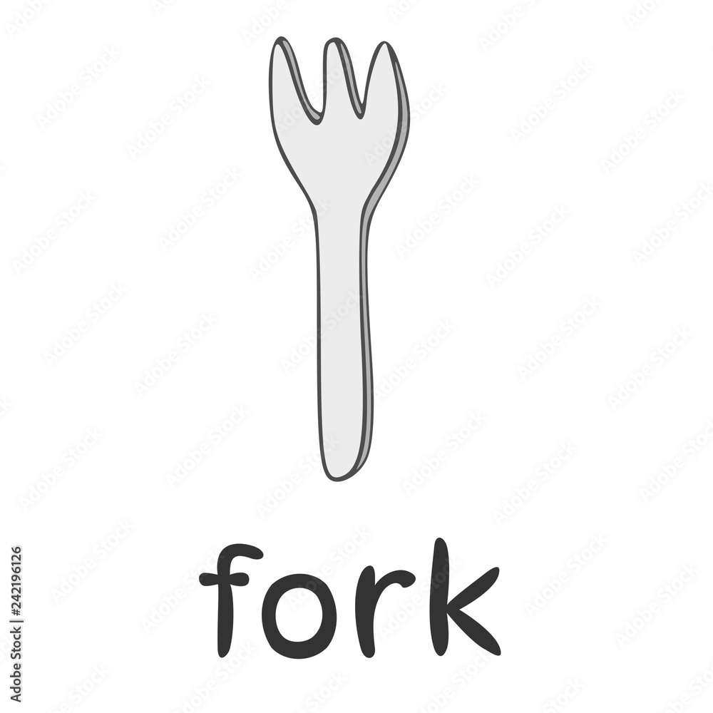Children`s word card - english language: fork, dishes, line art ...