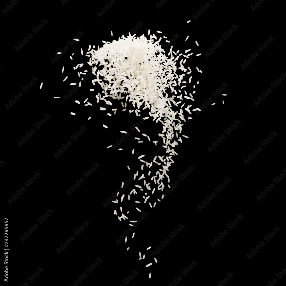 Stop motion raw white rice launch in the air isolated on black ...