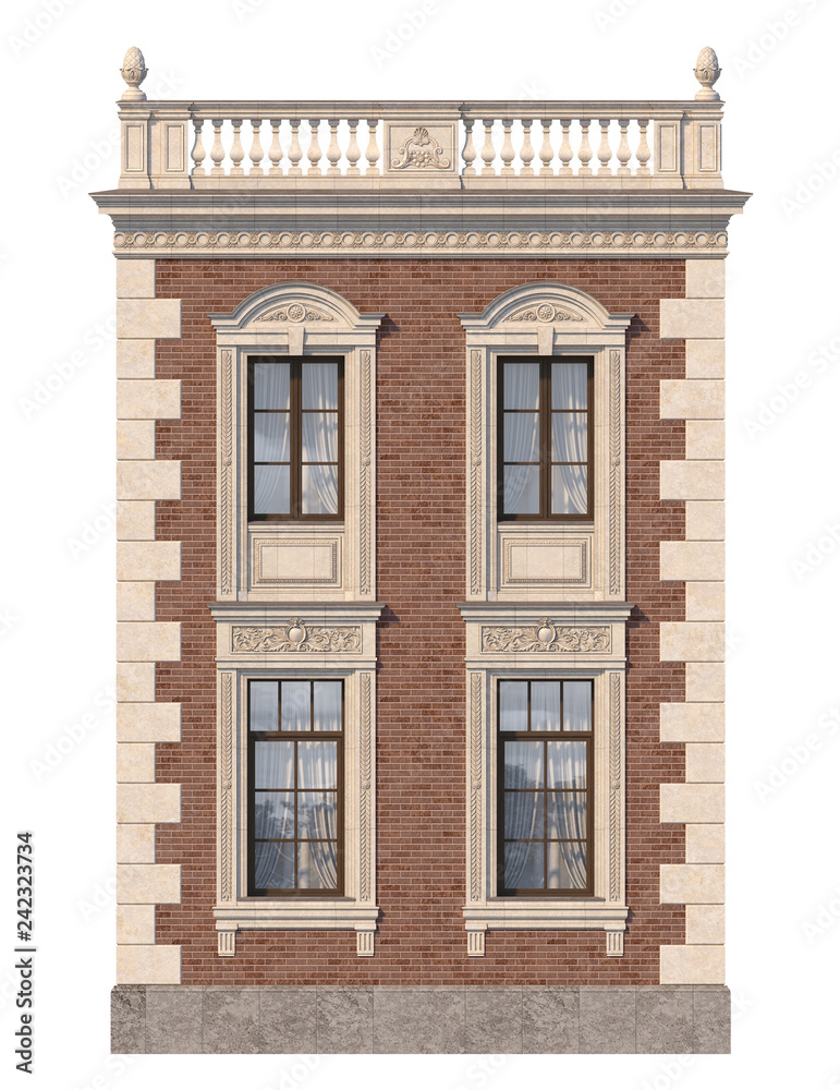 Brick facade of a classic-style house with windows. 3d rendering. Stock ...