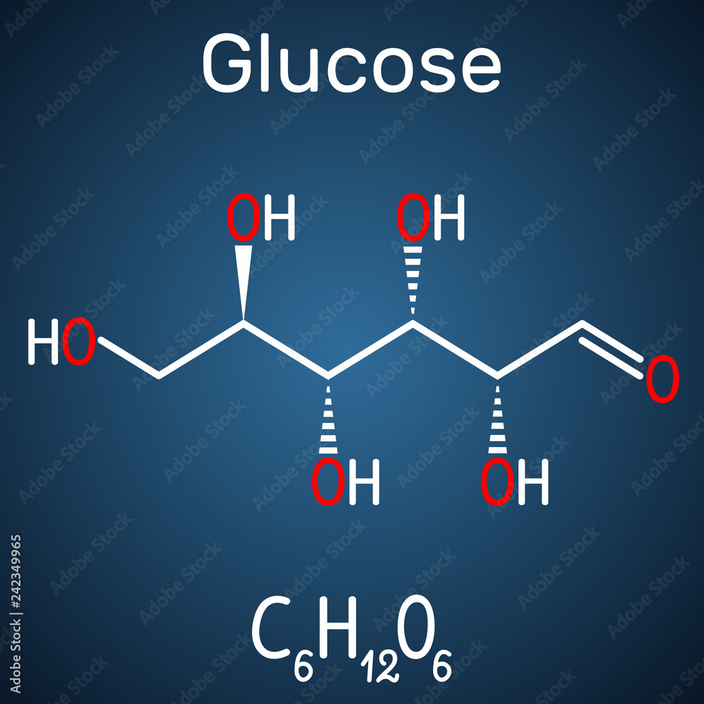 Glucose (dextrose, D-glucose) molecule. Linear form. Structural ...