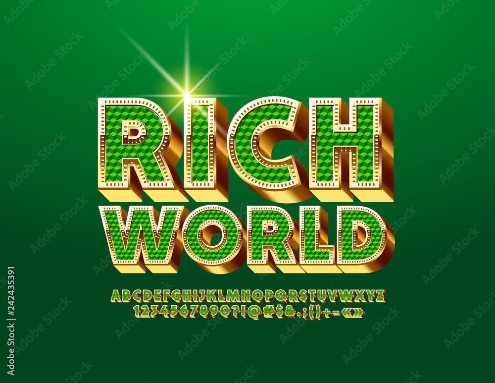 Vector chic Logo Rich World. Luxury Green and Golden Alphabet Letters ...