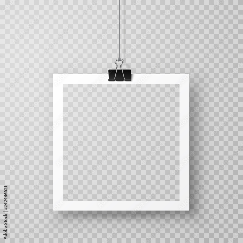 Hanging photo frame with paper clip. Square snapshot and metal blinder isolated on transparent ...