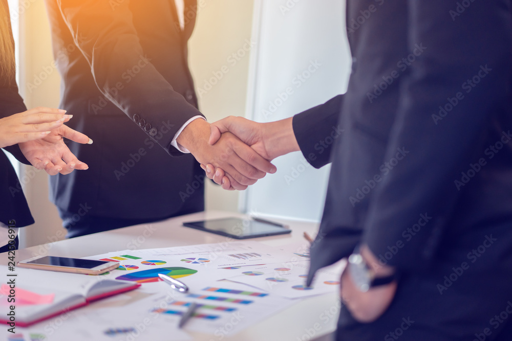 business people group partnership joining hands up and representing ...