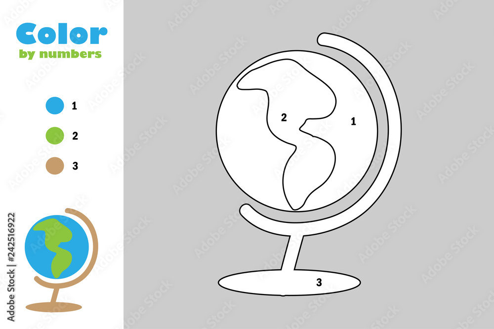 Globe in cartoon style, color by number, education paper game for the ...