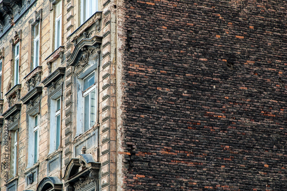 Facade of a historic brick apartment building in the city of Brno ...