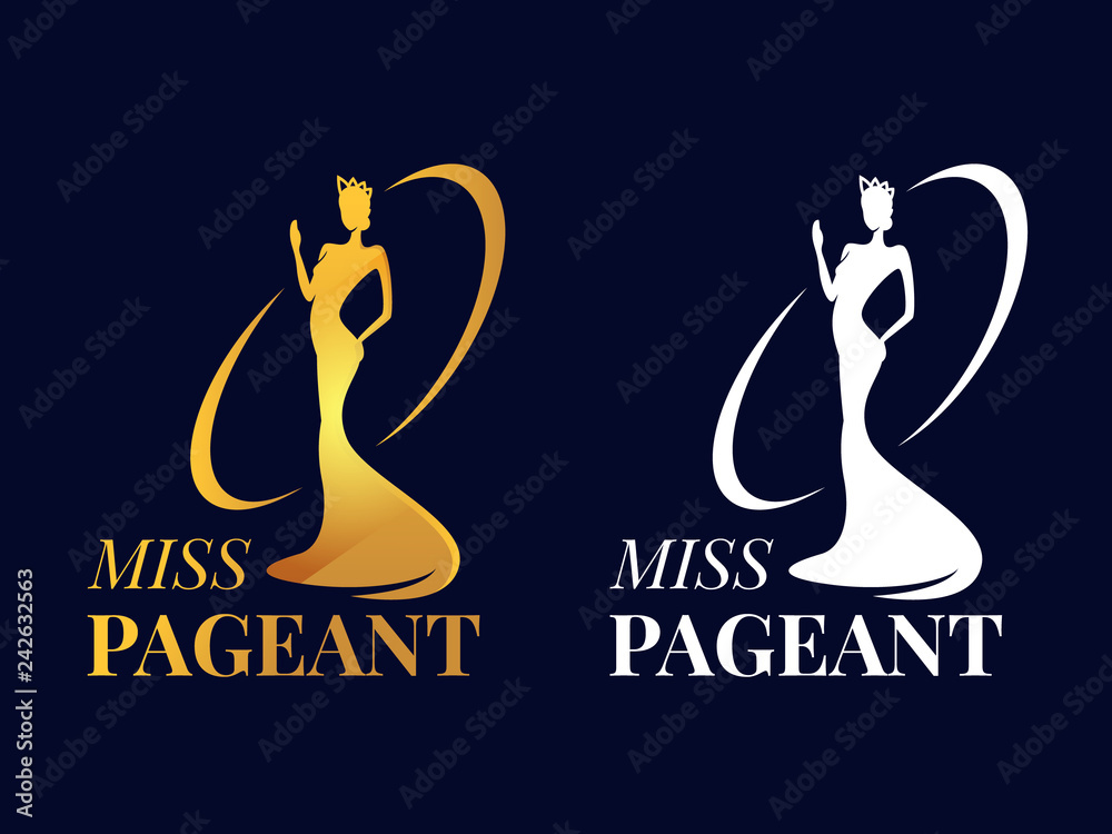 Miss pageant logo sign with Beauty queen wear a crown and motion hand ...