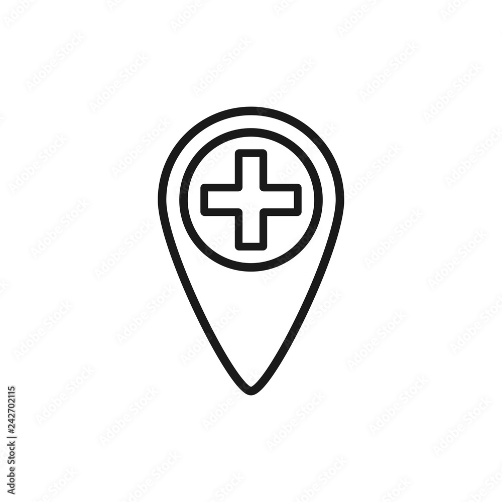 Location pin with cross line icon. Hospital location vector ...