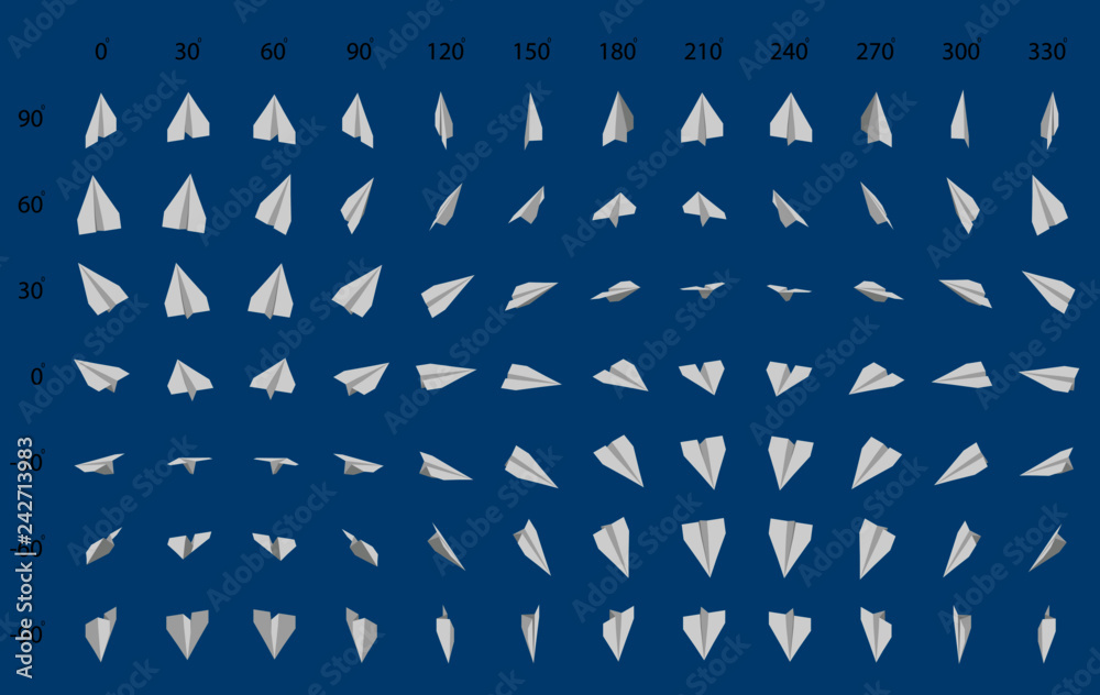 Animation of the rotation of a paper airplane. Big set of paper planes ...
