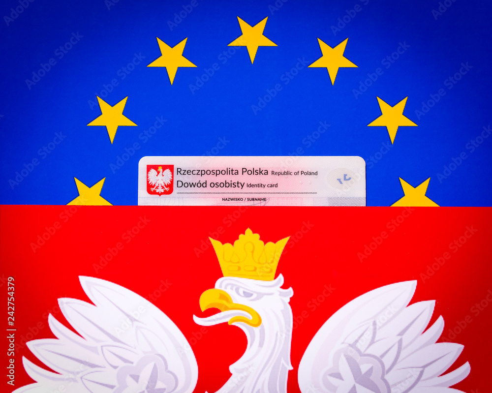 Polish id card on the background of the Polish and European flag Stock ...