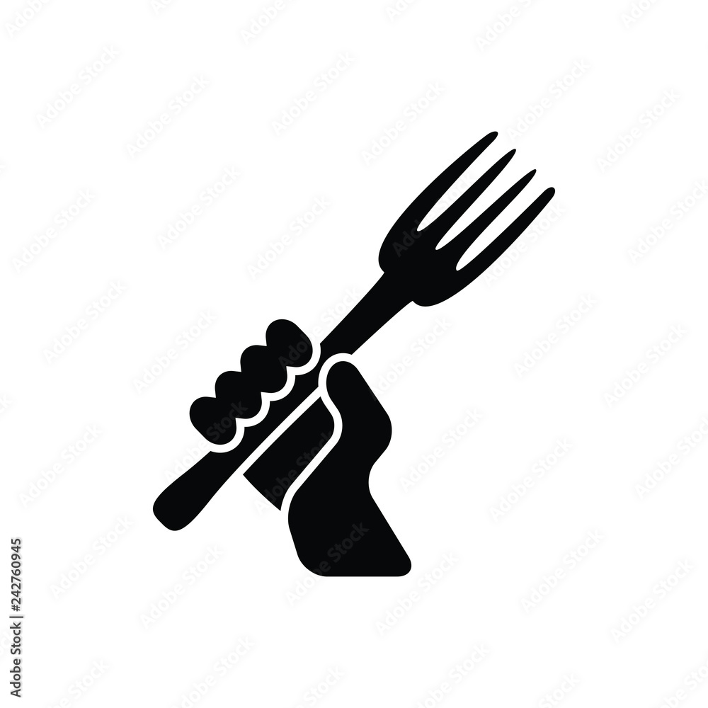 Hand holding up fork icon vector food & eating symbol sign black ...