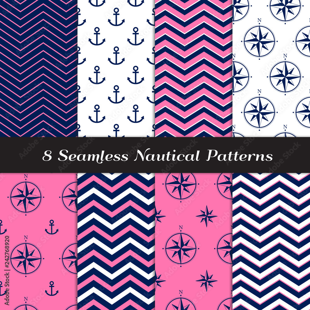 Nautical Patterns in Navy Blue, Pink and White Chevron, Anchors and ...