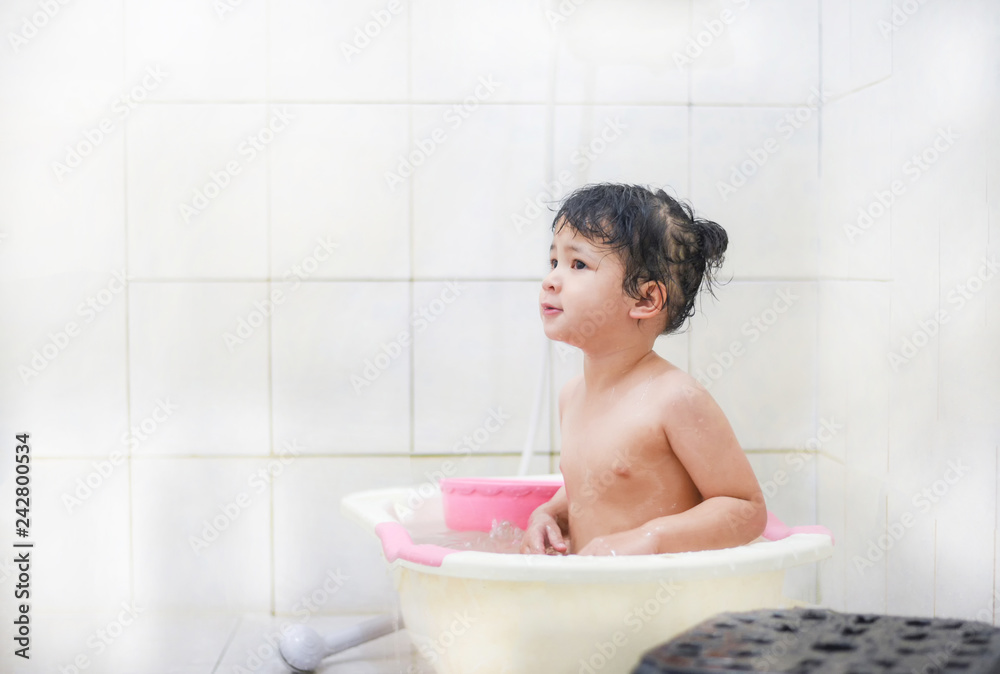 Children shower bathroom / Asia kid girl taking a bath playing - little ...