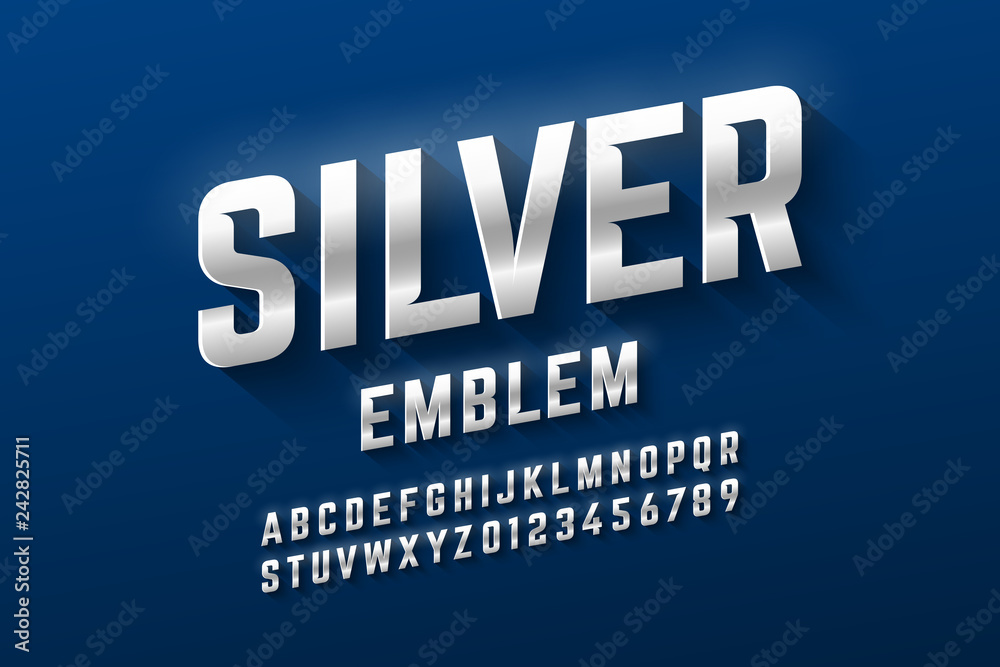 Silver emblem style font, metallic alphabet letters and numbers Stock ...