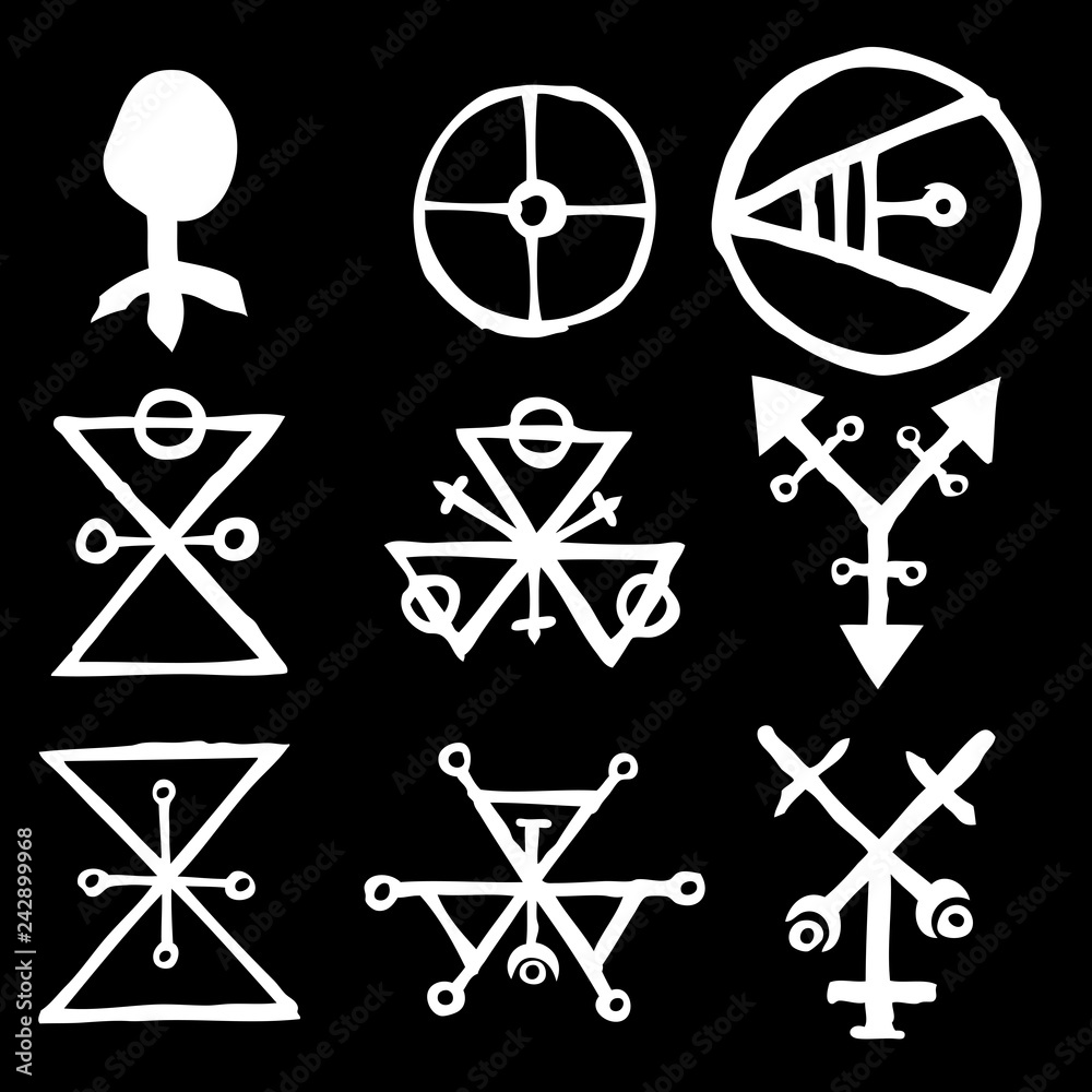 Set of alchemical symbols on the theme of old manuscript with occult ...