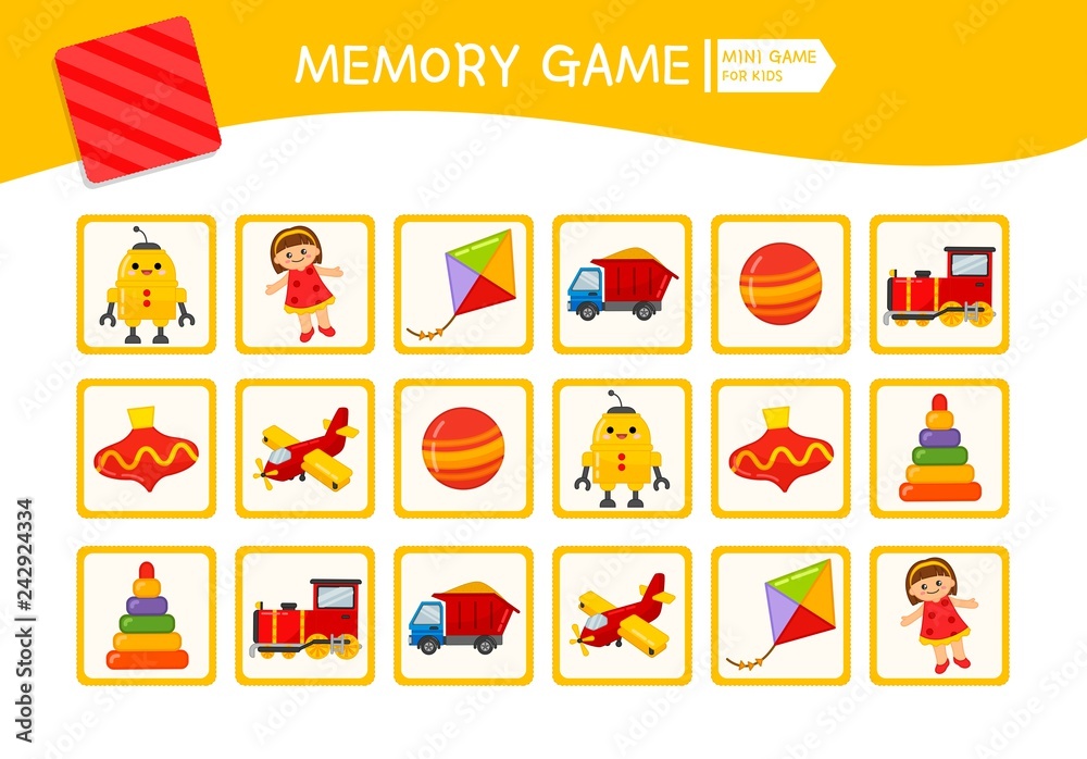 Memory game for preschool children, vector cards with cartoon toys ...