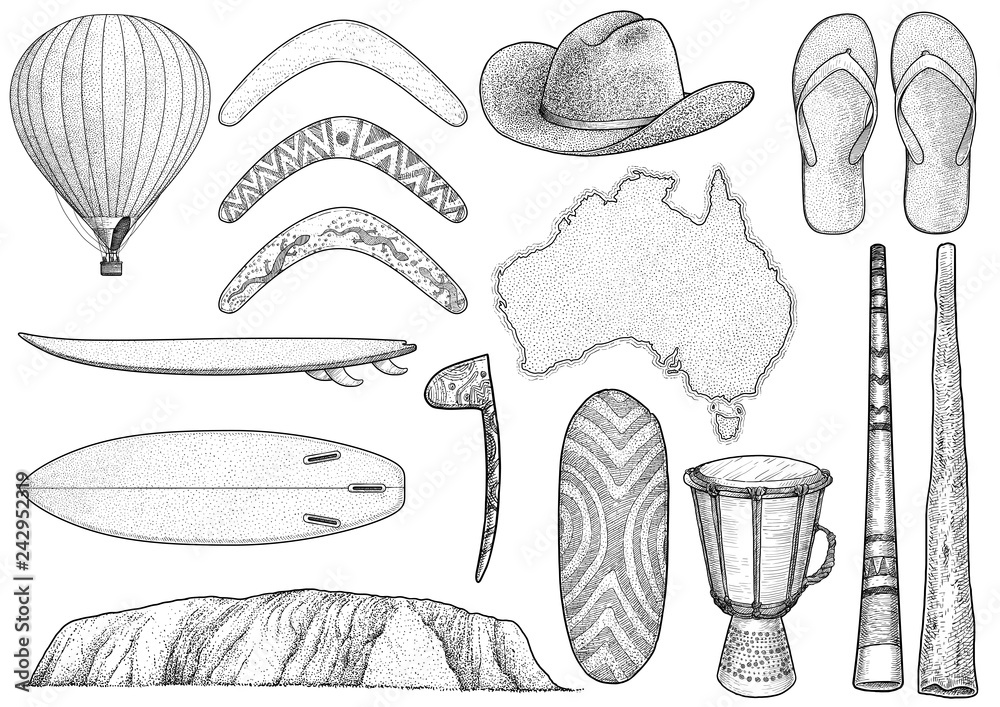 Australian equipment illustration, drawing, engraving, ink, line art ...