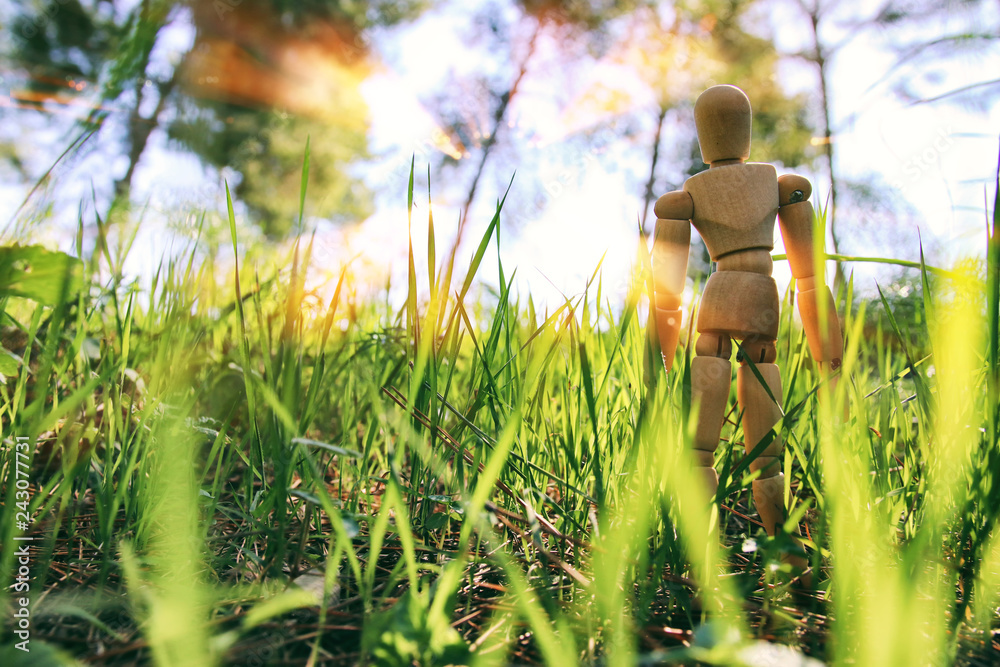 concept of vision and different thinking. wooden dummy standing in the ...