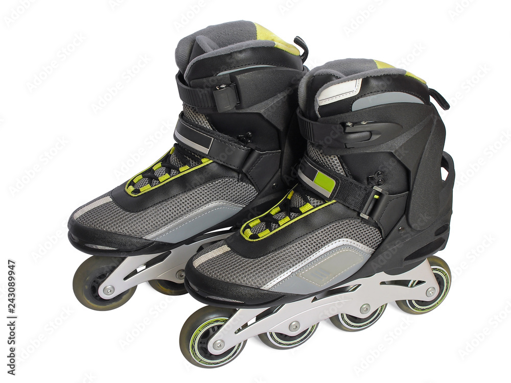 Pair of rollerblades with four wheels isolated on a white background ...