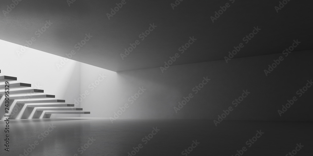 3D stimulate of concrete interior space with sun light cast the stair ...