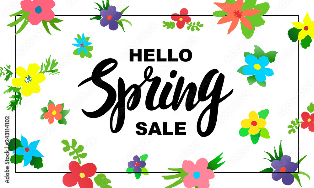 Spring season banner. Greeting card with inscription hello Spring sale ...