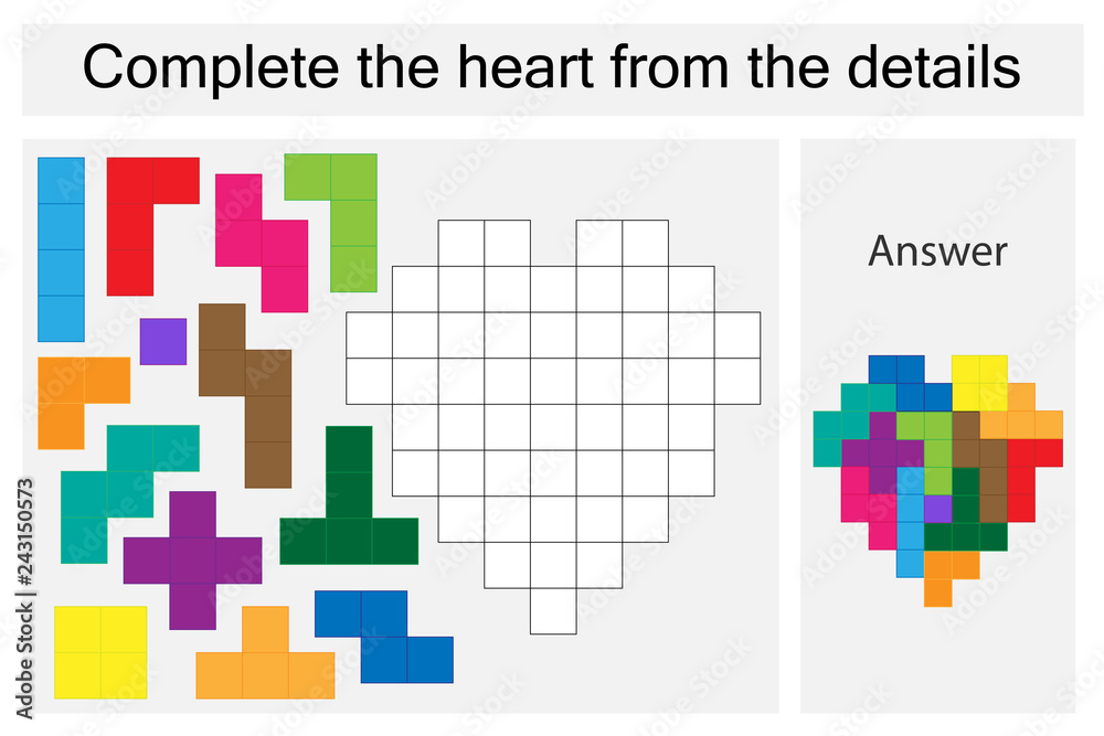 Puzzle game with colorful details for children, complete the heart ...