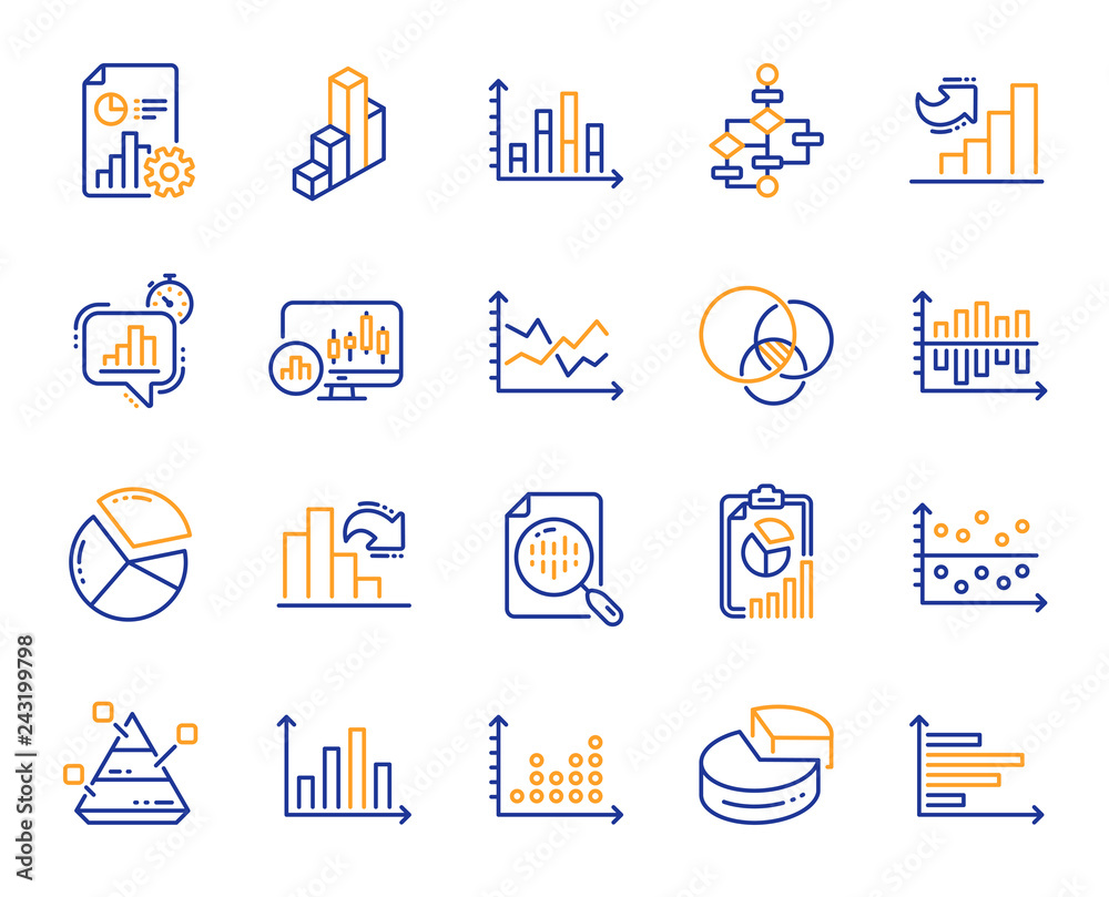Charts and Diagrams line icons. Report, 3D Chart, Block diagram and Dot ...