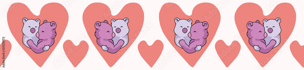 Vector coral bear hug hearts. Seamless repeat border. Hand drawn 2 ...