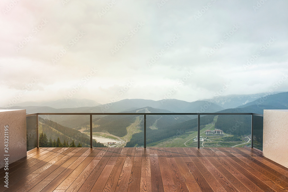 Foto de Stock Balcony view of mountains. Landscape. Sunny Day. Terrace ...