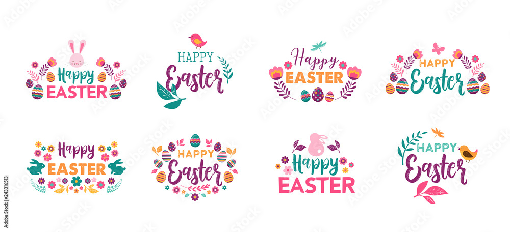 Happy Easter, vector symbols, logo, badges and lettering design Stock ...