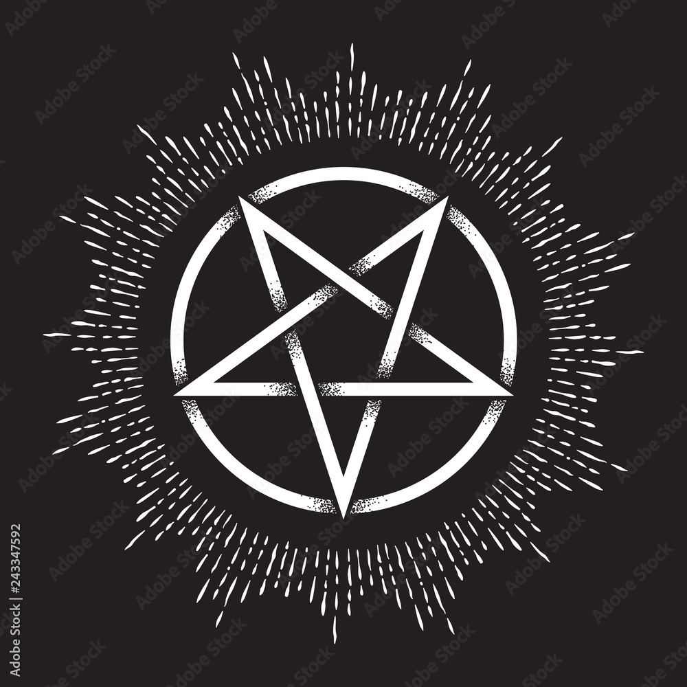 Inverted pentagram or pentalpha or pentangle. Hand drawn dot work ...